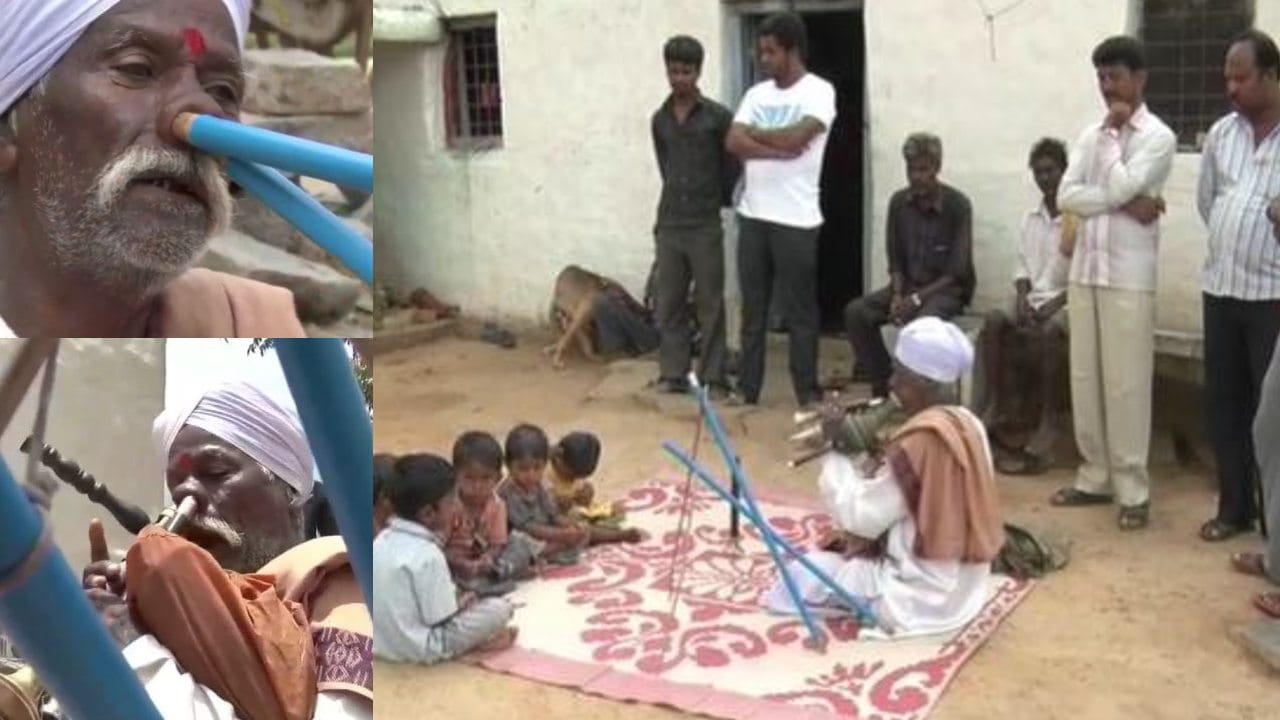 ಕನ್ನಡ ರಾಜ್ಯೋತ್ಸವ ಪ್ರಶಸ್ತಿ ಪುರಸ್ಕೃತ ಆಂಜಿನಪ್ಪ ಮೂಗು-ಬಾಯಿ ಮೂಲಕ ಒಂದೇ ...